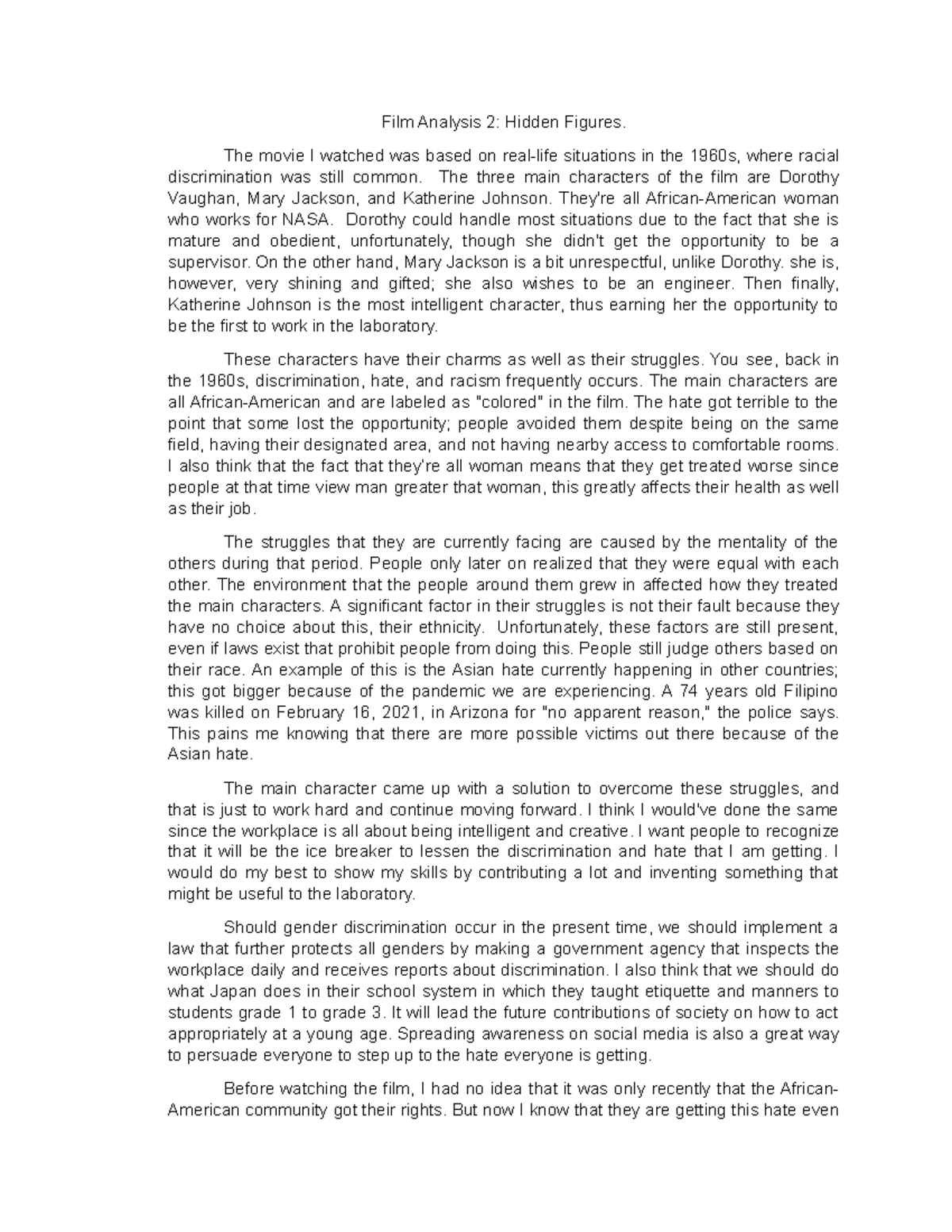 GED109 Film Analysis - Hidden Figures - Film Analysis 2: Hidden Figures ...