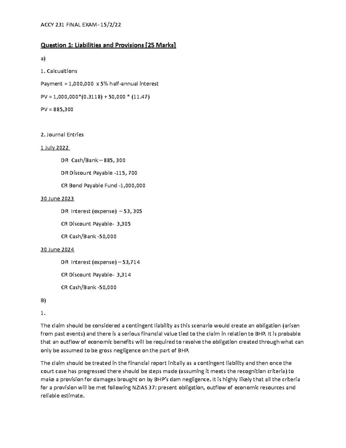 ACCY 231- Final EXAM - Question 1: Liabilities and Provisions [25 Marks ...