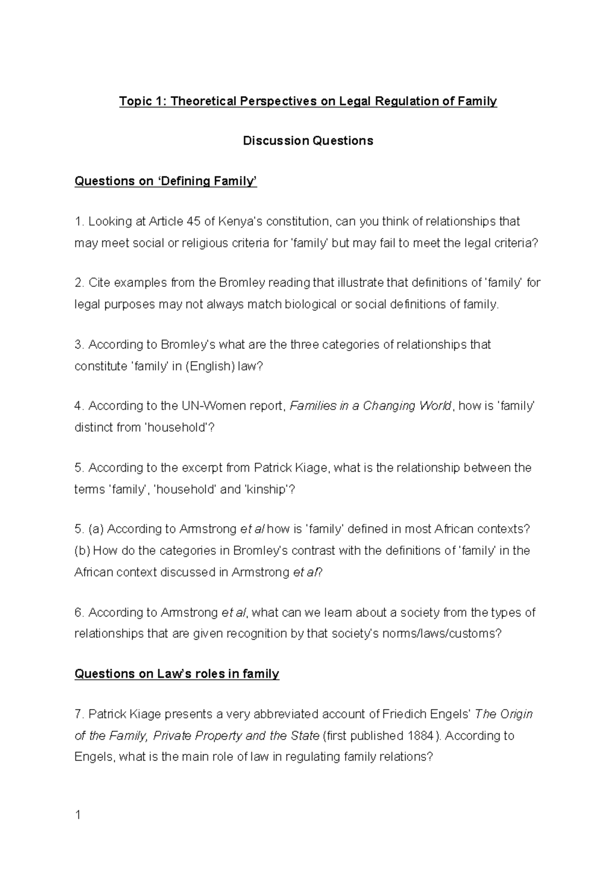 Discussion Questions Family Law 1 - 1 Topic 1: Theoretical Perspectives ...