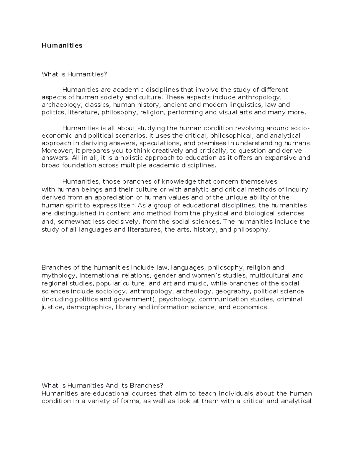 Humanities - Humanities What is Humanities? Humanities are academic ...