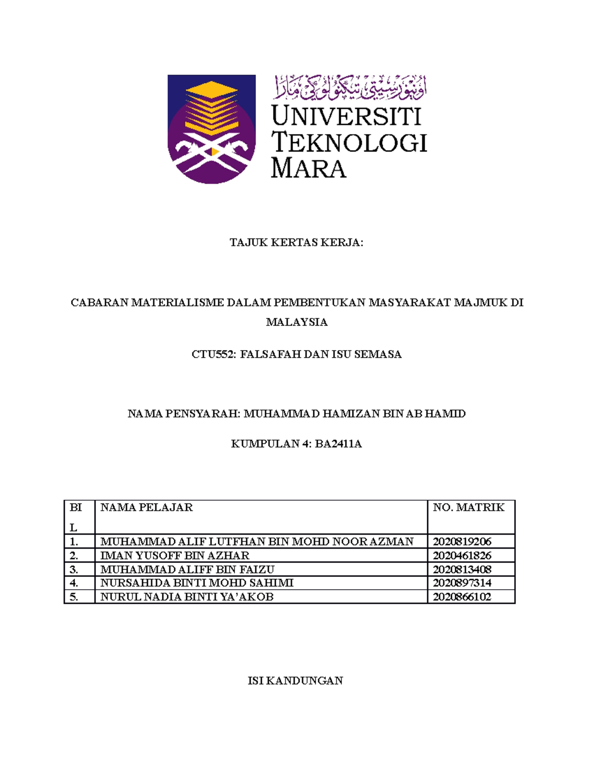 Kumpulan 4 (CTU552D) - Philosophy Assignment - TAJUK KERTAS KERJA ...