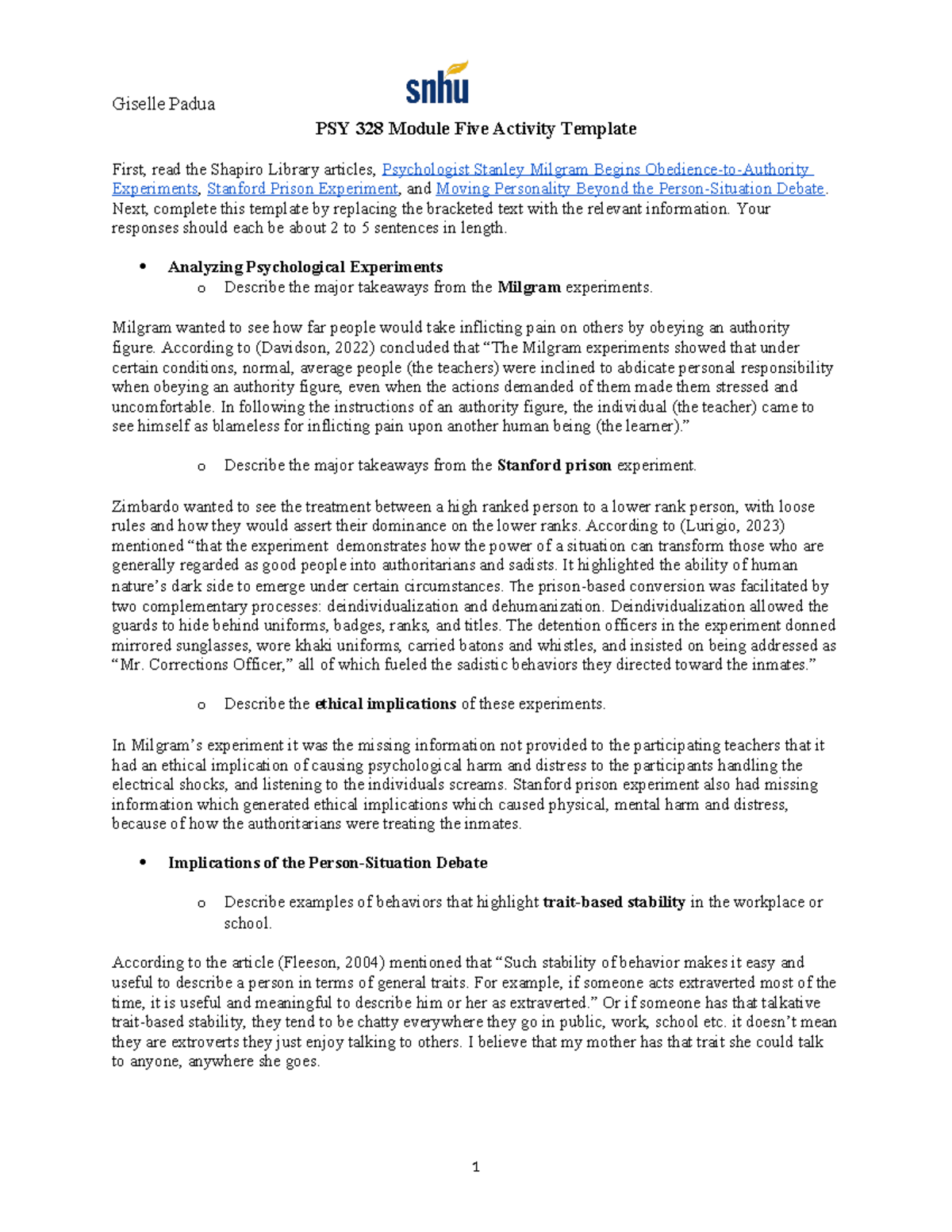 PSY 328 Module Five Activity Template - Giselle Padua PSY 328 Module Five Activity Template ...