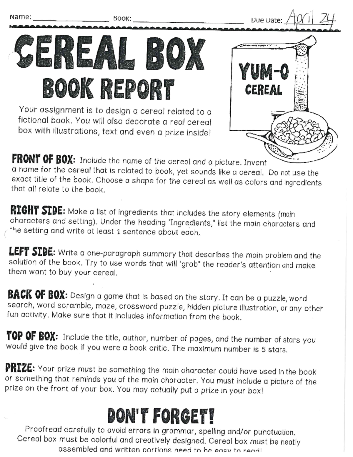 Cereal Box Book Report Due April 24 2023 - MATH 101 - Studocu