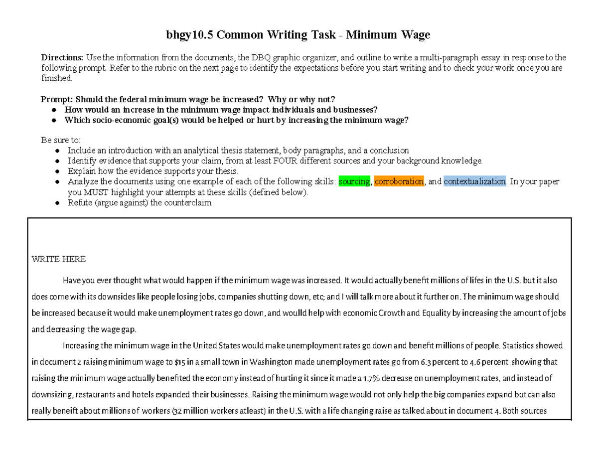Copy of Min Wage Student Assignment Sheet - bhgy10 Common Writing Task ...