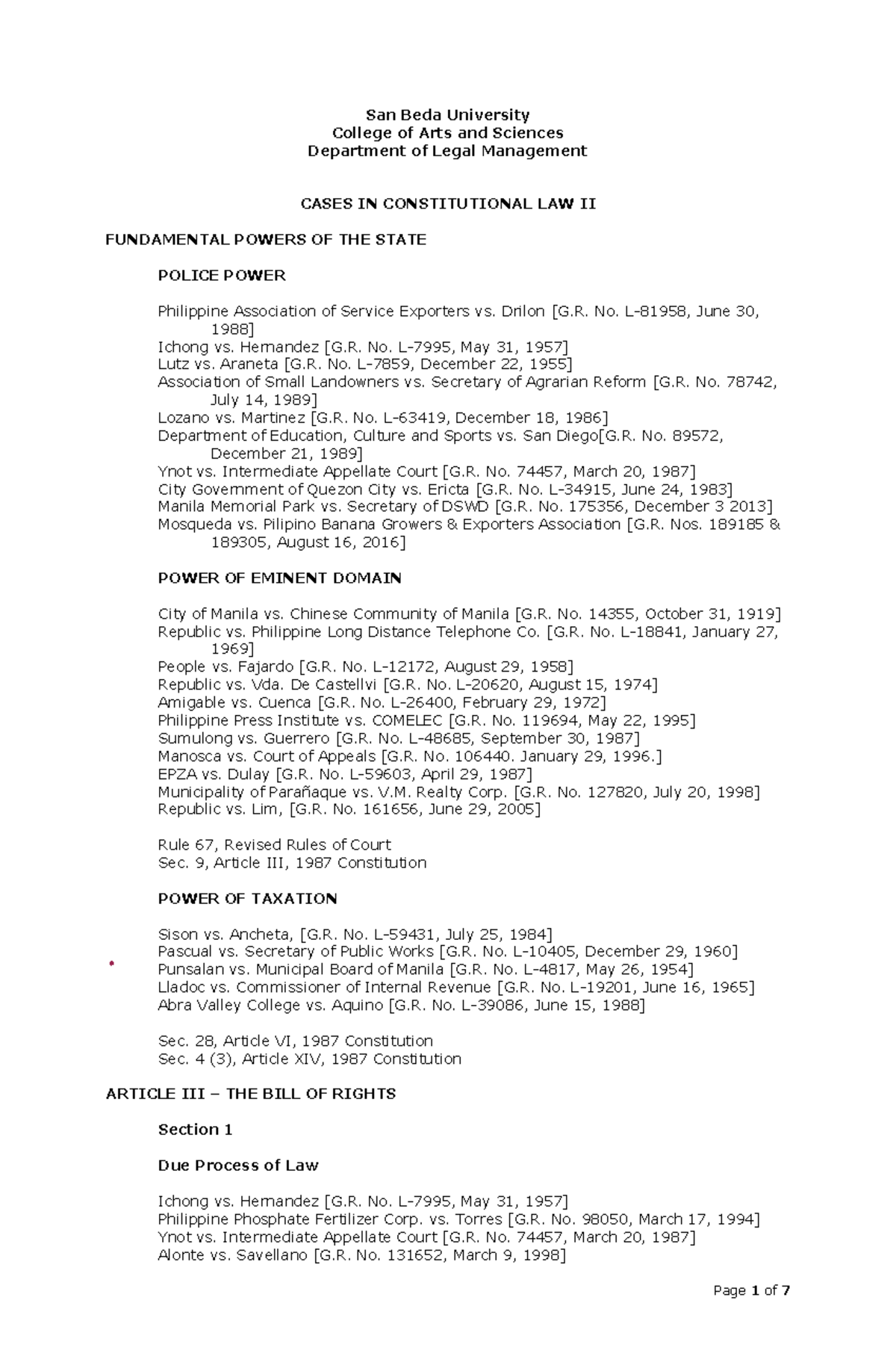Constitutional Law 02 Case List AY 2021 2022 - San Beda University College of Arts and Sciences ...