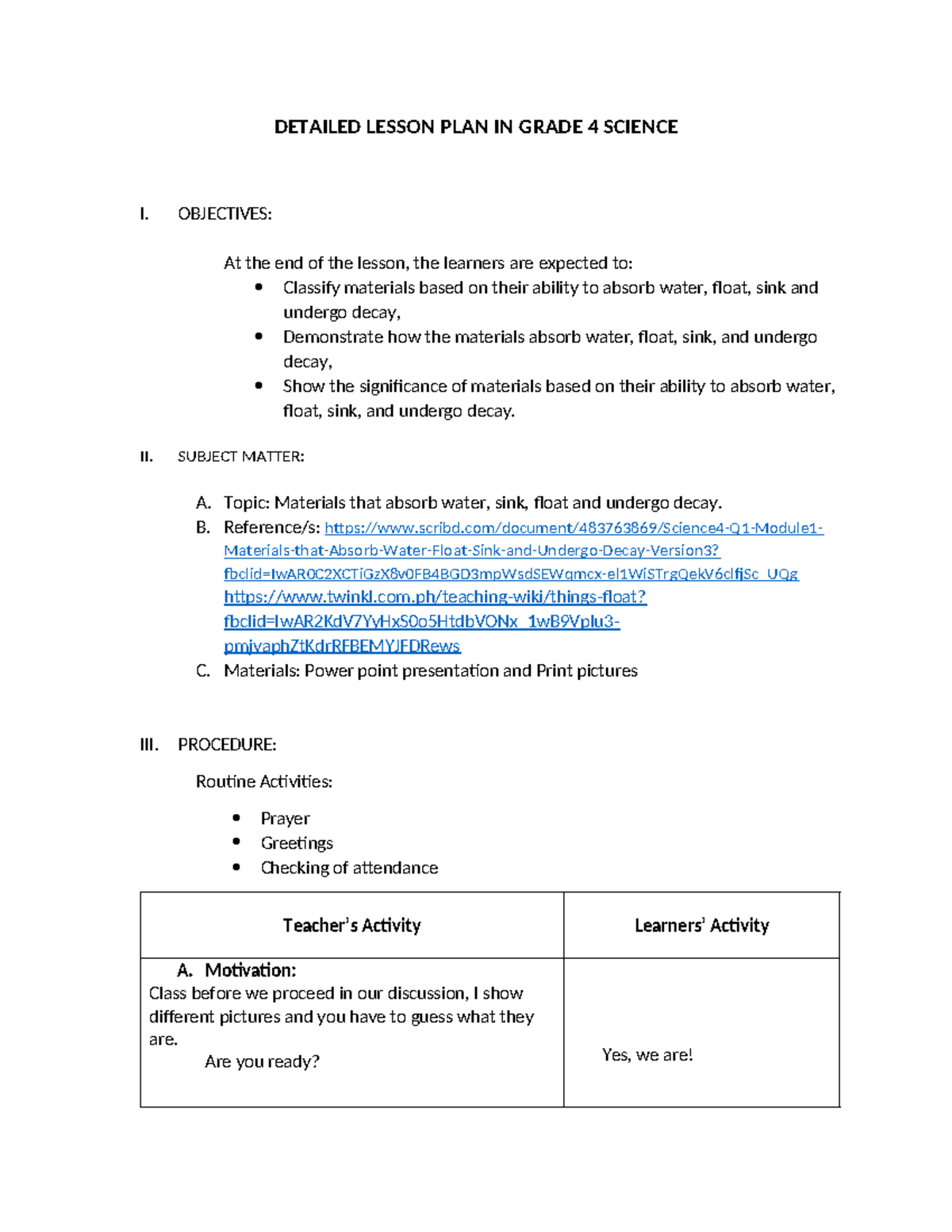 Detailed Lesson Plan Format - DETAILED LESSON PLAN IN GRADE 4 SCIENCE I ...