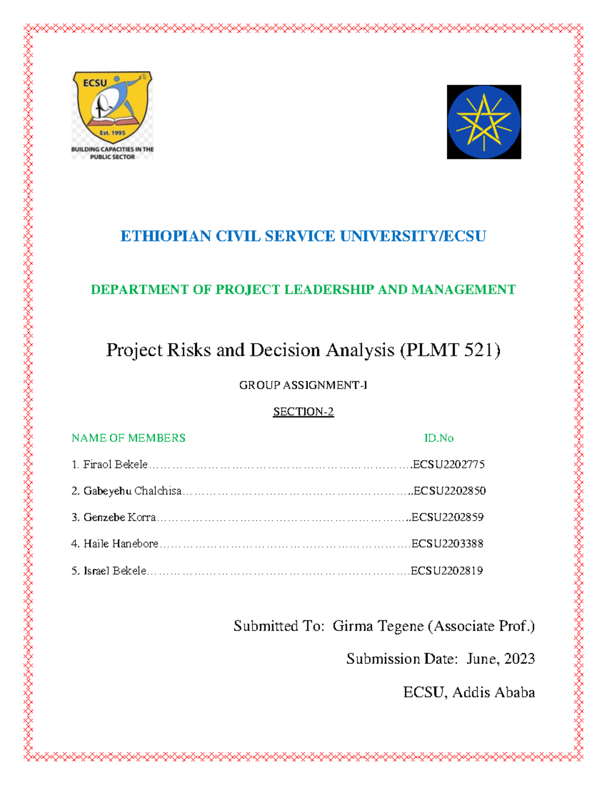 Risk Assignment Group 2 - ETHIOPIAN CIVIL SERVICE UNIVERSITY/ECSU ...