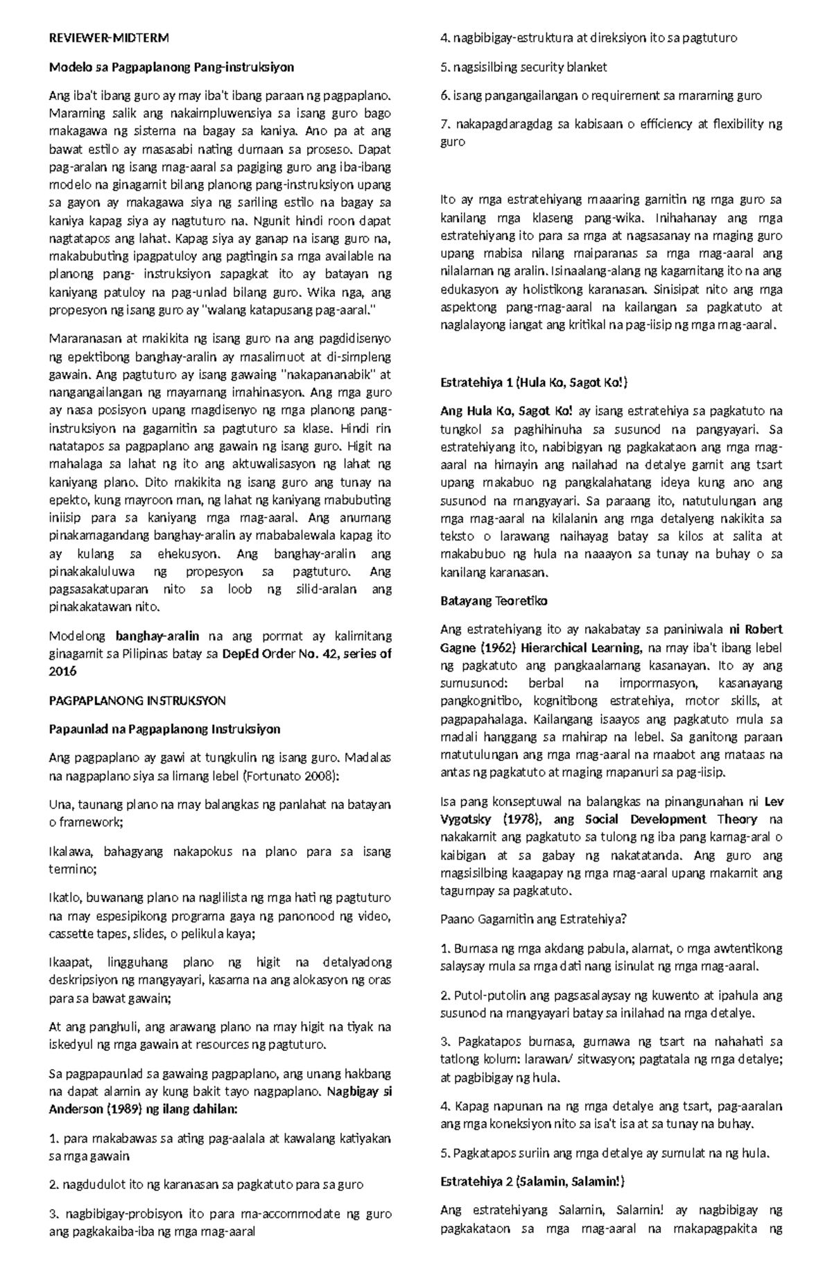 BEED 204 Reviewer midterm - REVIEWER-MIDTERM Modelo sa Pagpaplanong Pang-instruksiyon Ang iba't ...