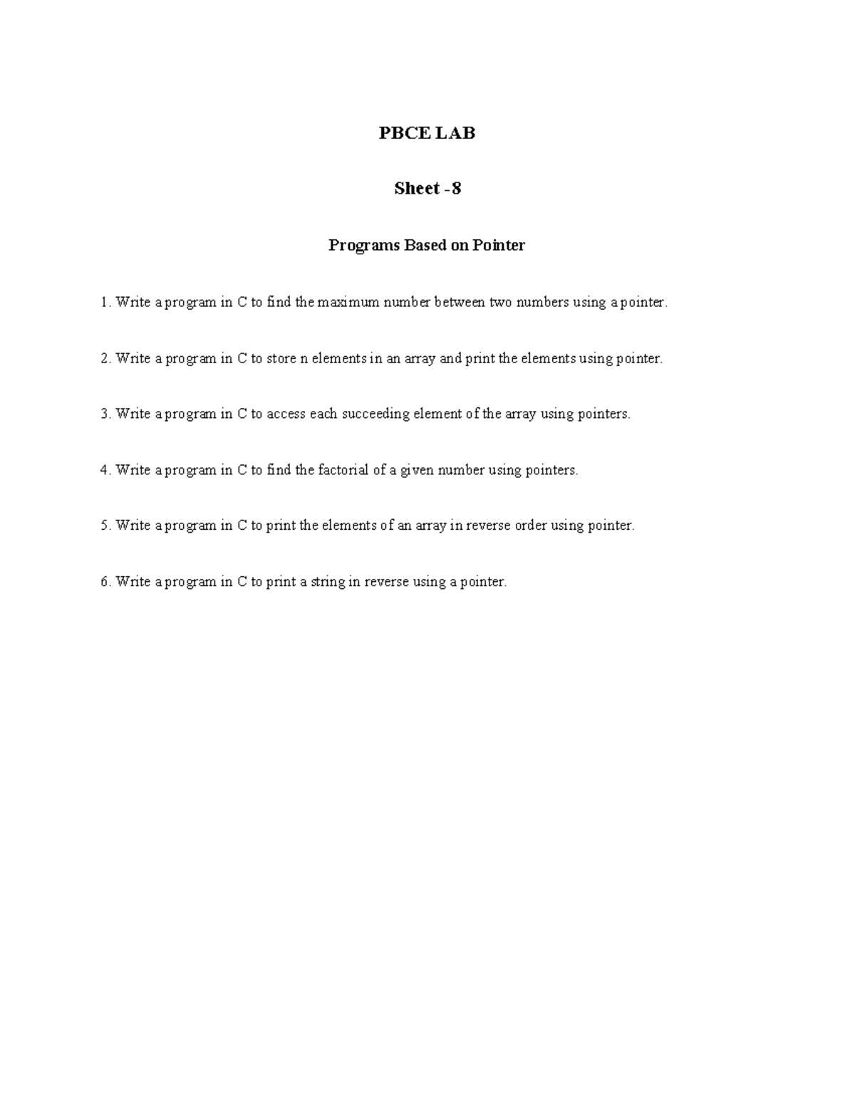 Sheet 8 - programs - PBCE LAB Sheet - Programs Based on Pointer 1 ...