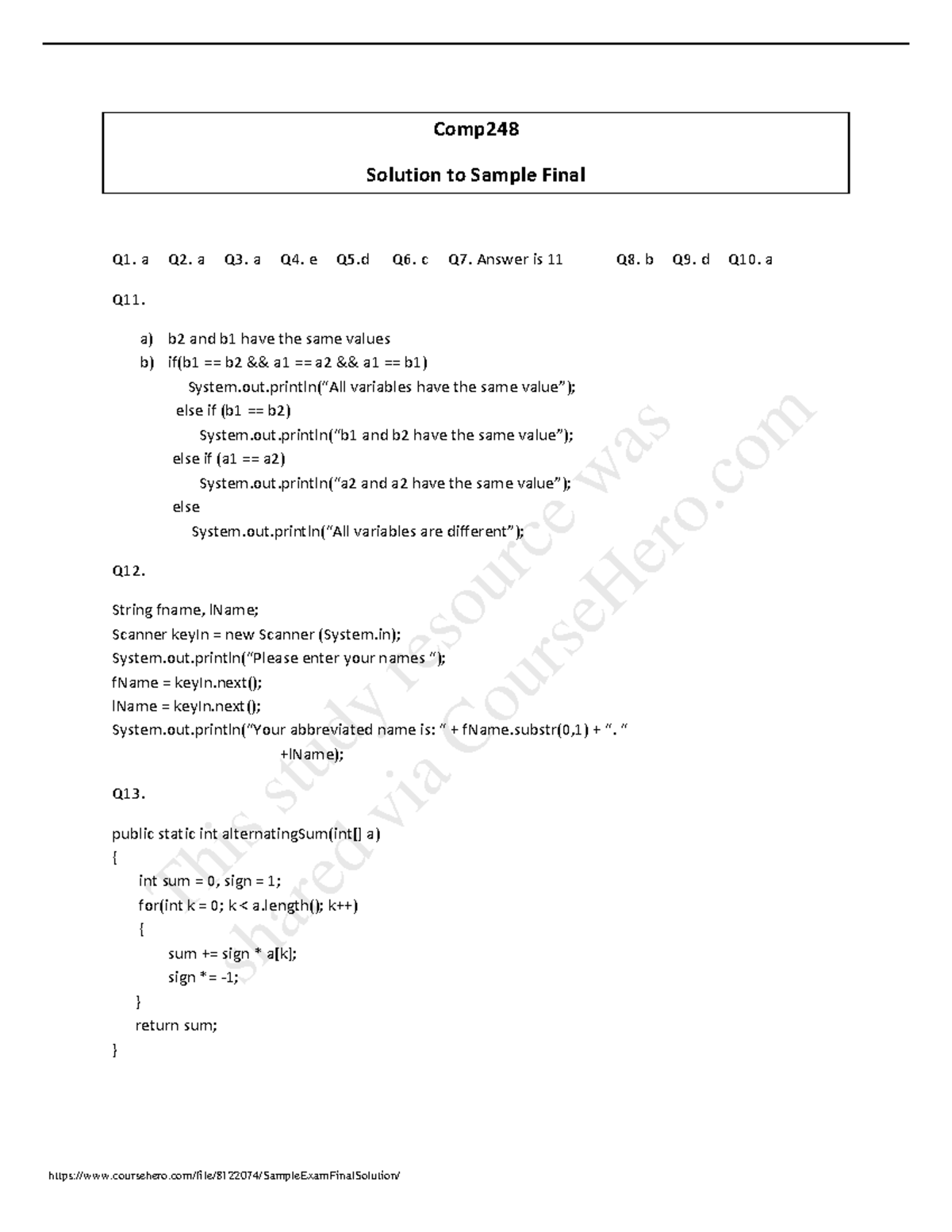Sample - Exam - Comp Solution to Sample Final Q1. a Q2. a Q3. a Q4. e ...