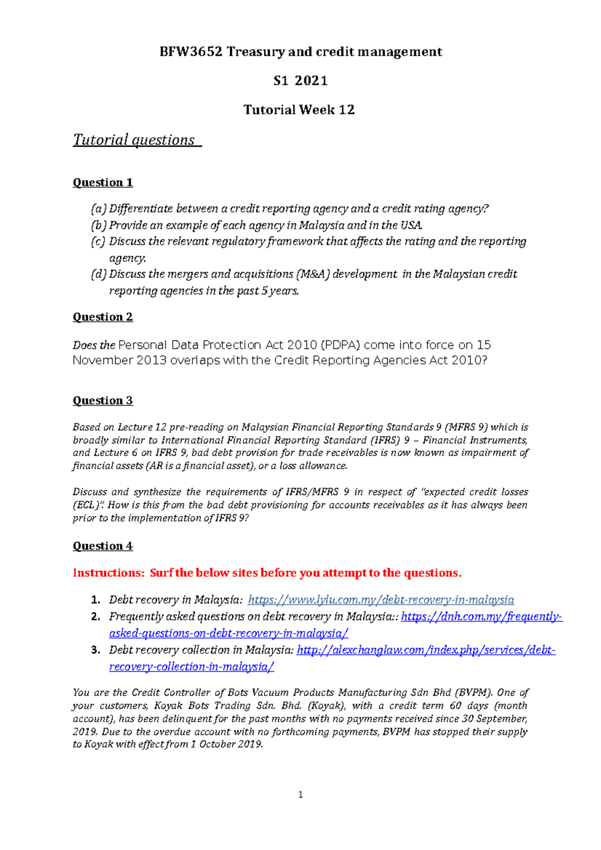 BFW3652 Tutorial Week 12 Questions 2021 - BFW3652 Treasury and credit ...