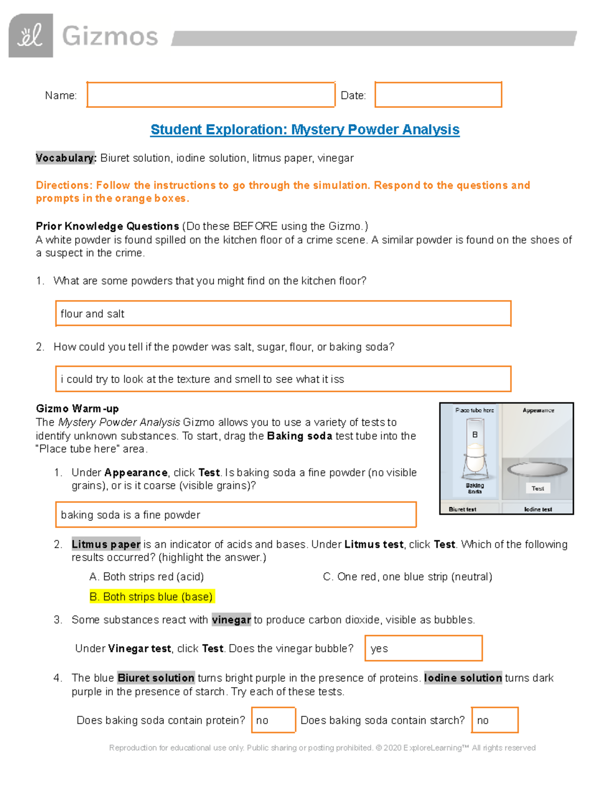 Copy of Mystery Powder SE - Name: Date: Student Exploration: Mystery ...