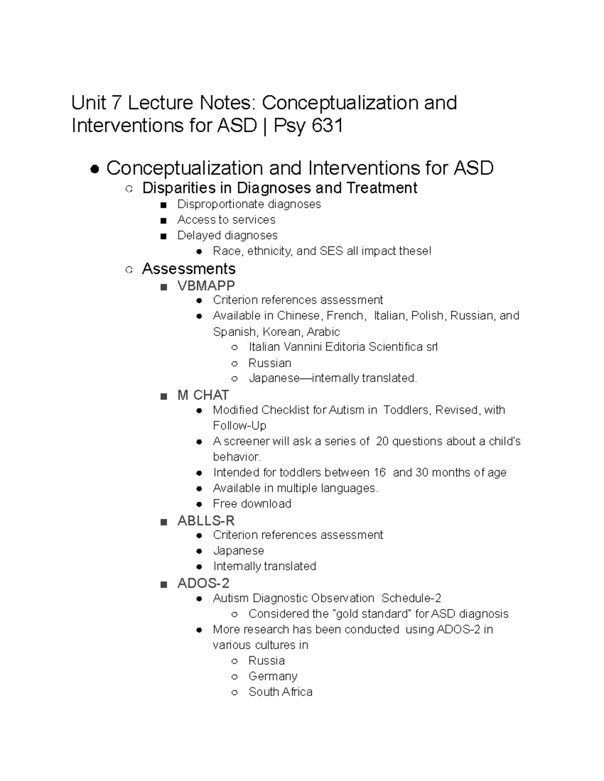 Unit 7 Lecture Notes Conceptualization And Interventions For Asd Psy