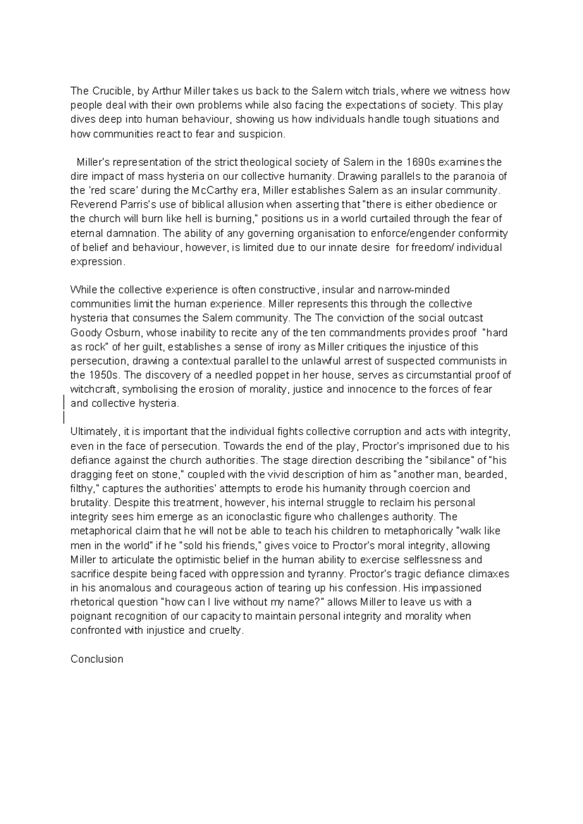 Crucible essay draft - English - The Crucible, by Arthur Miller takes ...