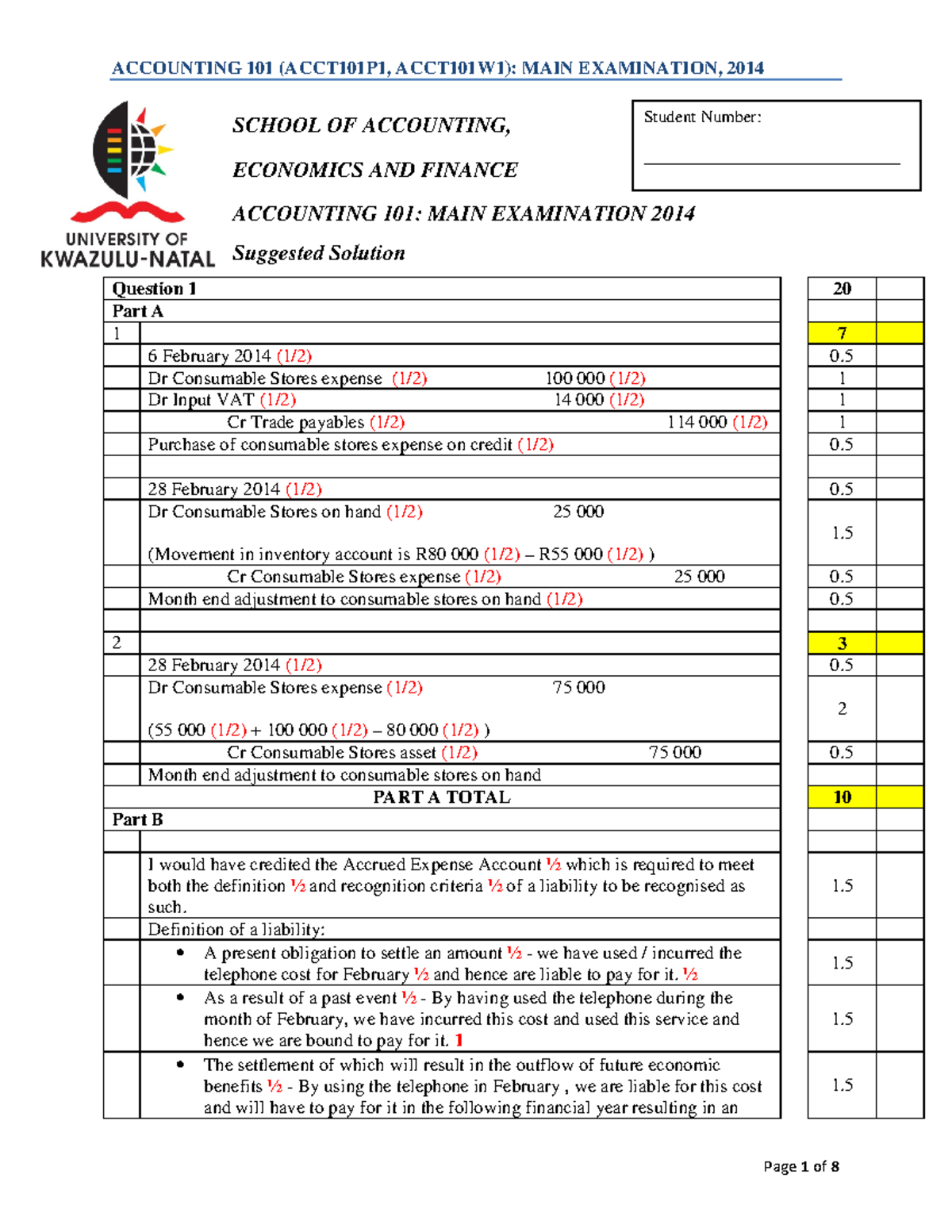 2014 Main Exam Solution - SCHOOL OF ACCOUNTING, ECONOMICS AND FINANCE ...