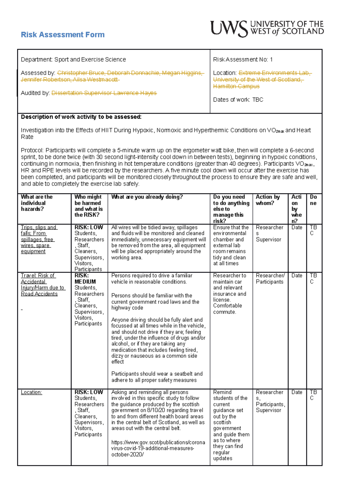 Risk Assessment Form for Investigation into the Effects of HIIT During ...