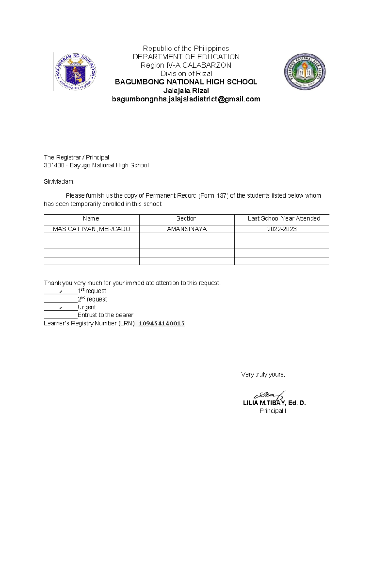Request form 137 Masicat,Ivan - Republic of the Philippines DEPARTMENT ...
