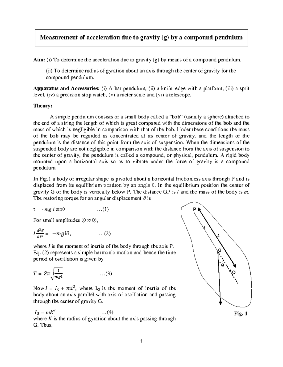 Compound pendulum 2016 - Measurement of acceleration due to gravity (g ...