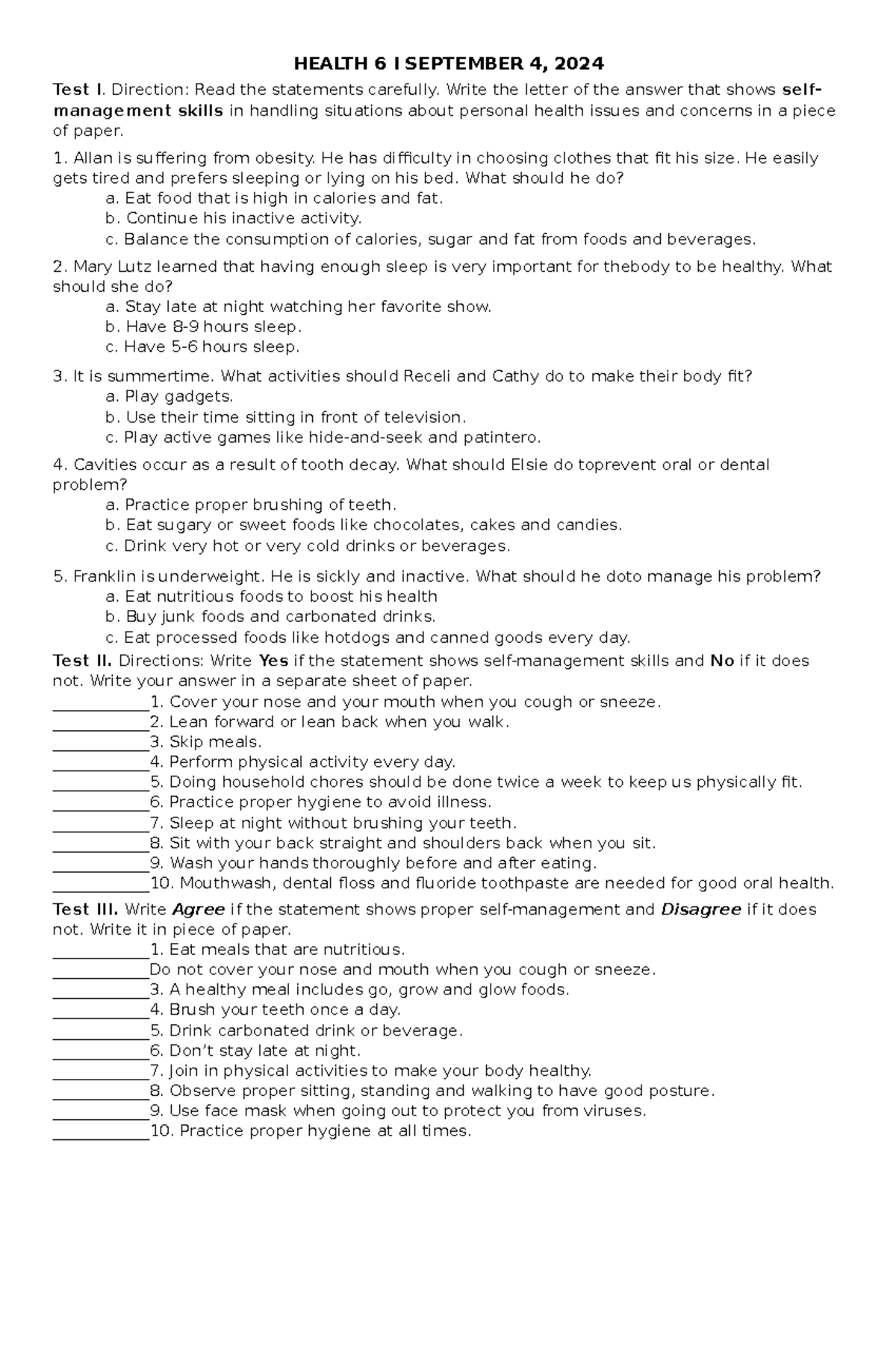 Health 6 I September 4 - notes - HEALTH 6 I SEPTEMBER 4, 2024 Test I ...
