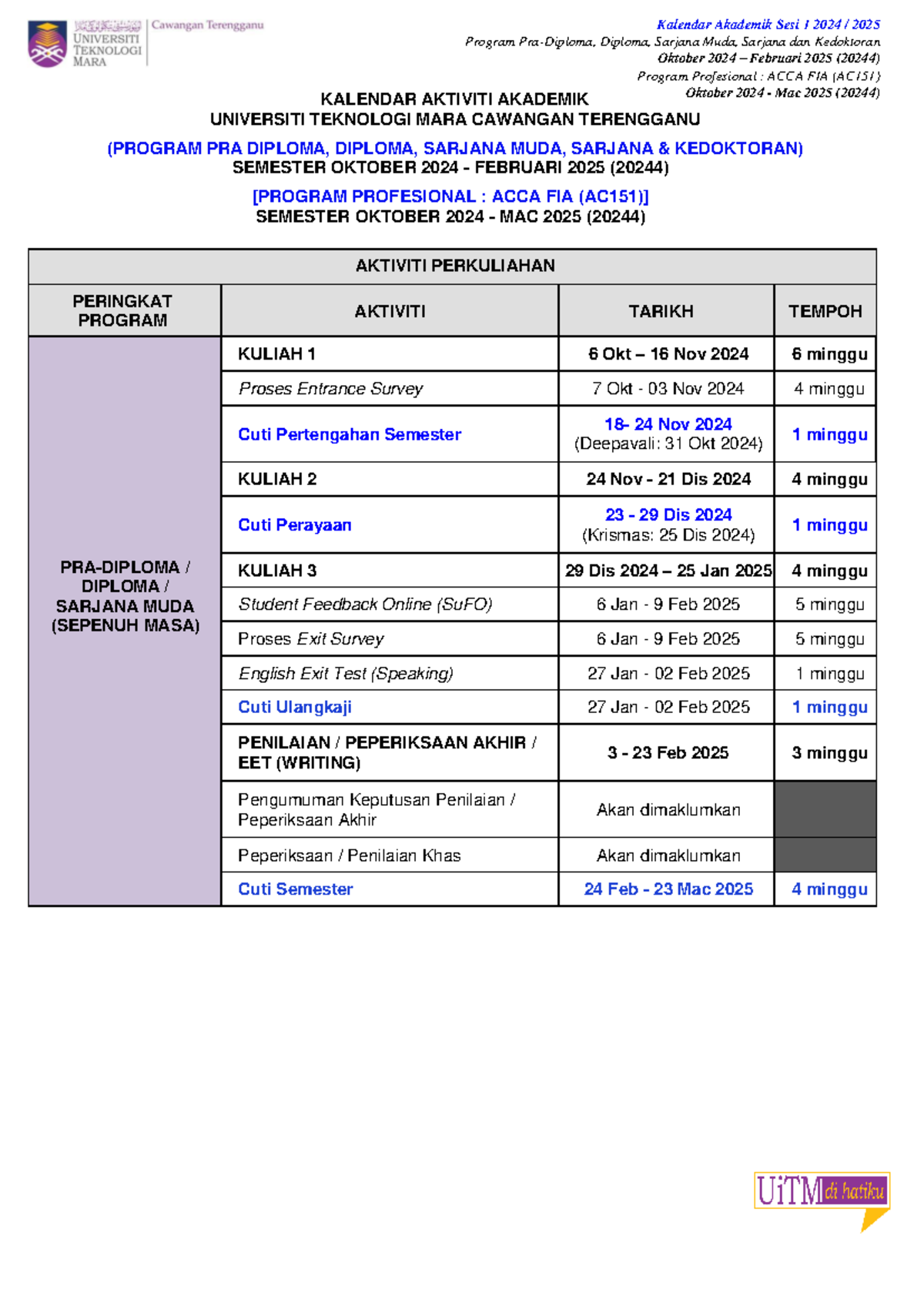 Kalendar Akademik Ui TMCT OKT 2024 - FEB 2025 - terbaru - Program Pra ...