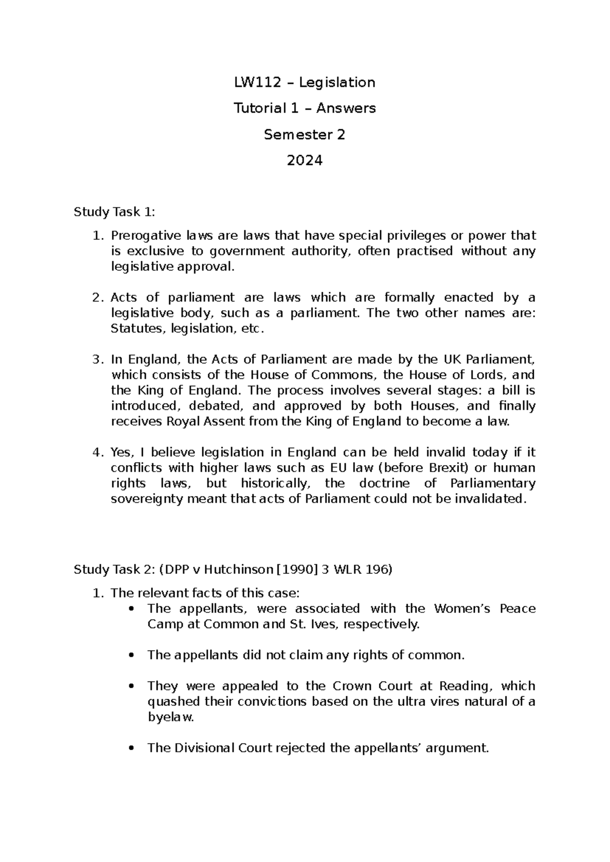 LW112 - Tutorial 1 Answers (WEEK 2) - LW112 – Legislation Tutorial 1 – Answers Semester 2 2024 ...