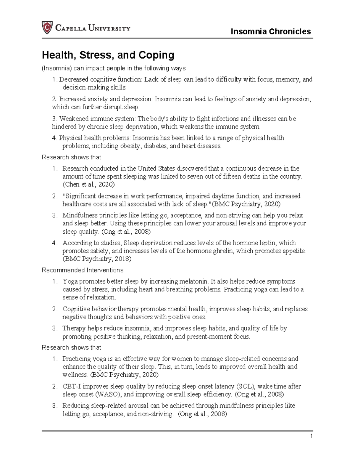 Week 9 Assignment 220 - Insomnia Chronicles Health, Stress, and Coping ...