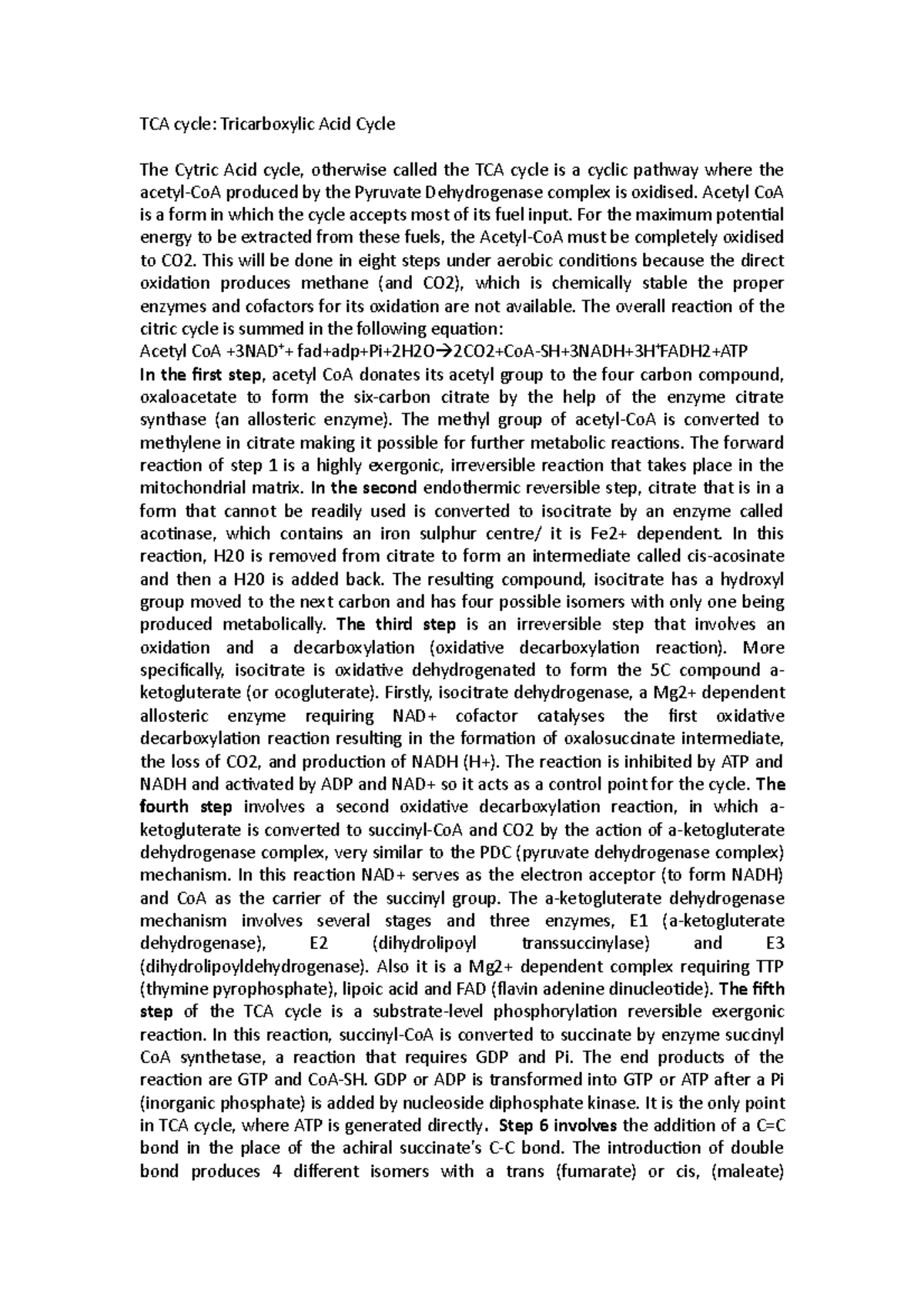 TCA cycle notes essay example - TCA cycle: Tricarboxylic Acid Cycle The ...