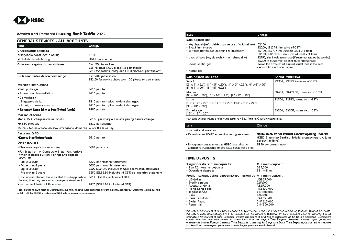 Retail banking wealth management bank tariffs - 1 GENERAL SERVICES ...
