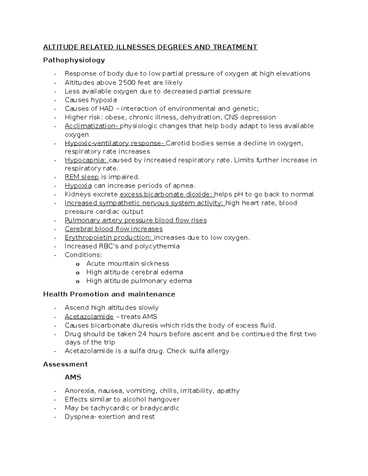 Exam 1 Study guide - exam 1 - ALTITUDE RELATED ILLNESSES DEGREES AND ...