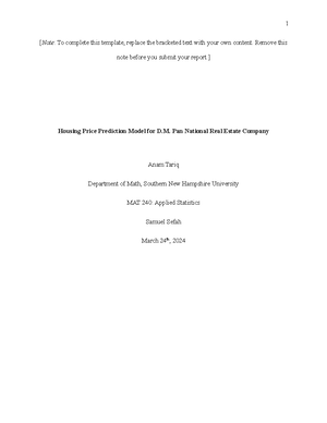 MAT 240 Module Two Assignment Template - Report: Selling Price and Area ...