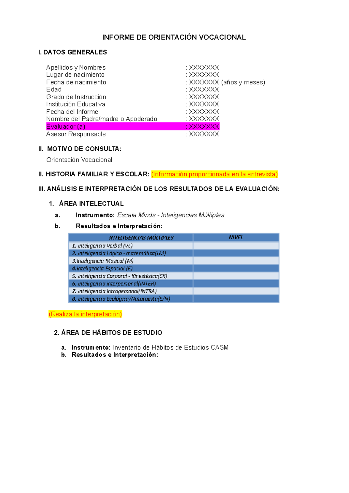 Modelo - Informe- Orientacion Vocacional - INFORME DE ORIENTACIÓN VOCACIONAL I. DATOS GENERALES ...