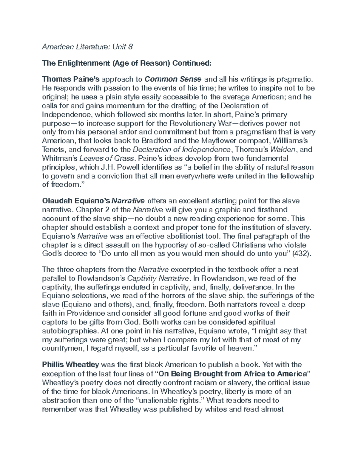 Amlit 8 - Age of Reason 2 American Literature Class Notes - American ...