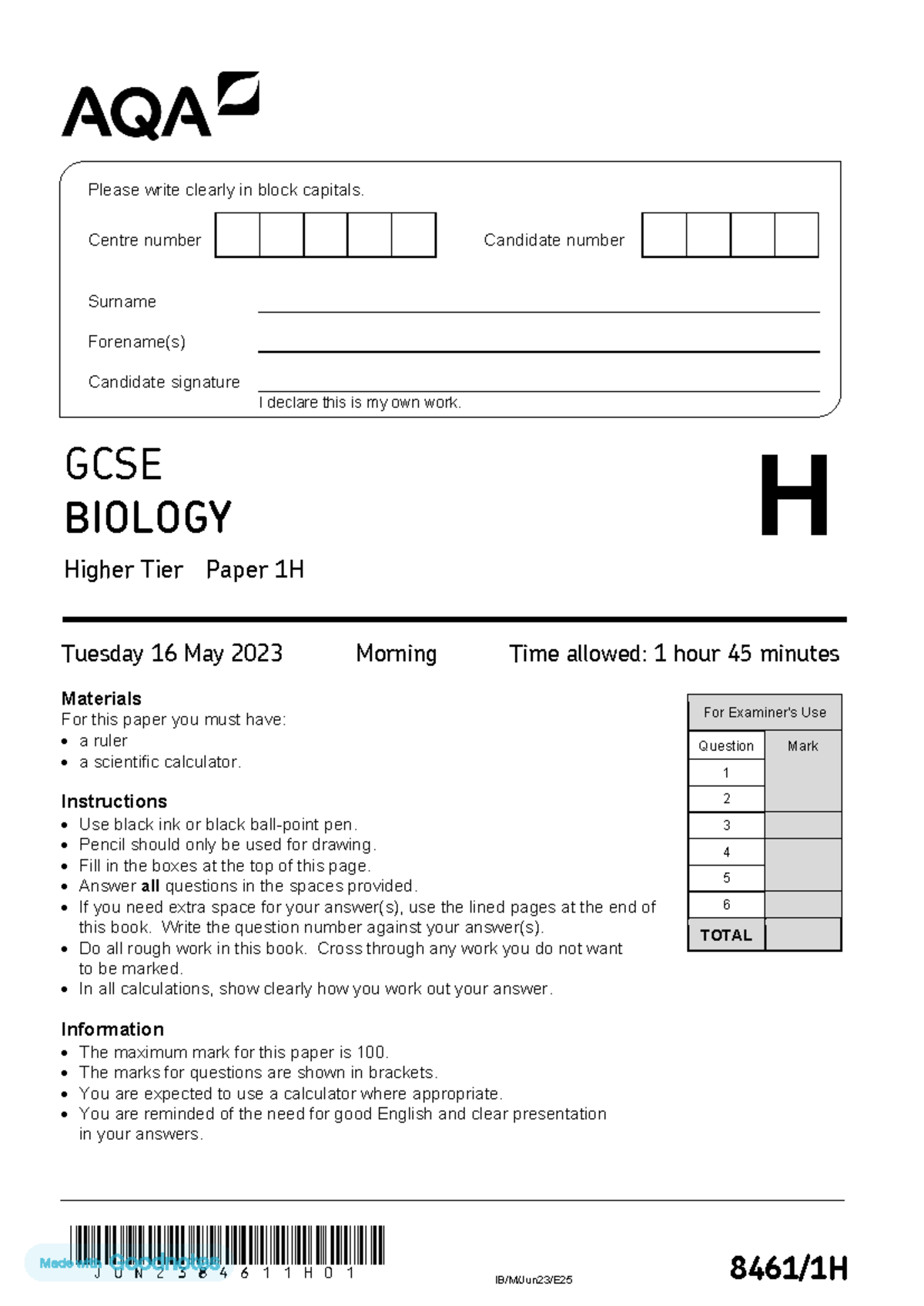 Biology - jun2384611H01 IB/M/Jun23/E25 8461/1H For Examiner’s Use ...