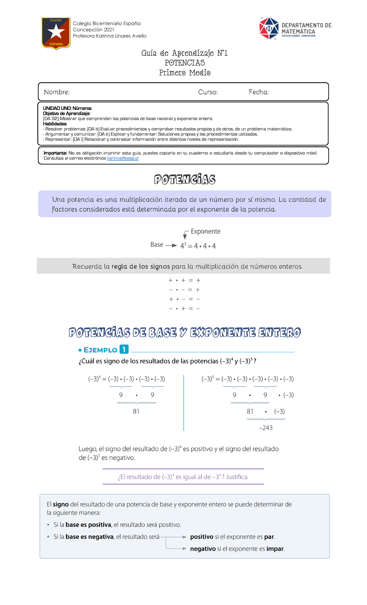 Potencias enteras - Guía de Aprendizaje N° 1 POTENCIAS Primero Medio ...