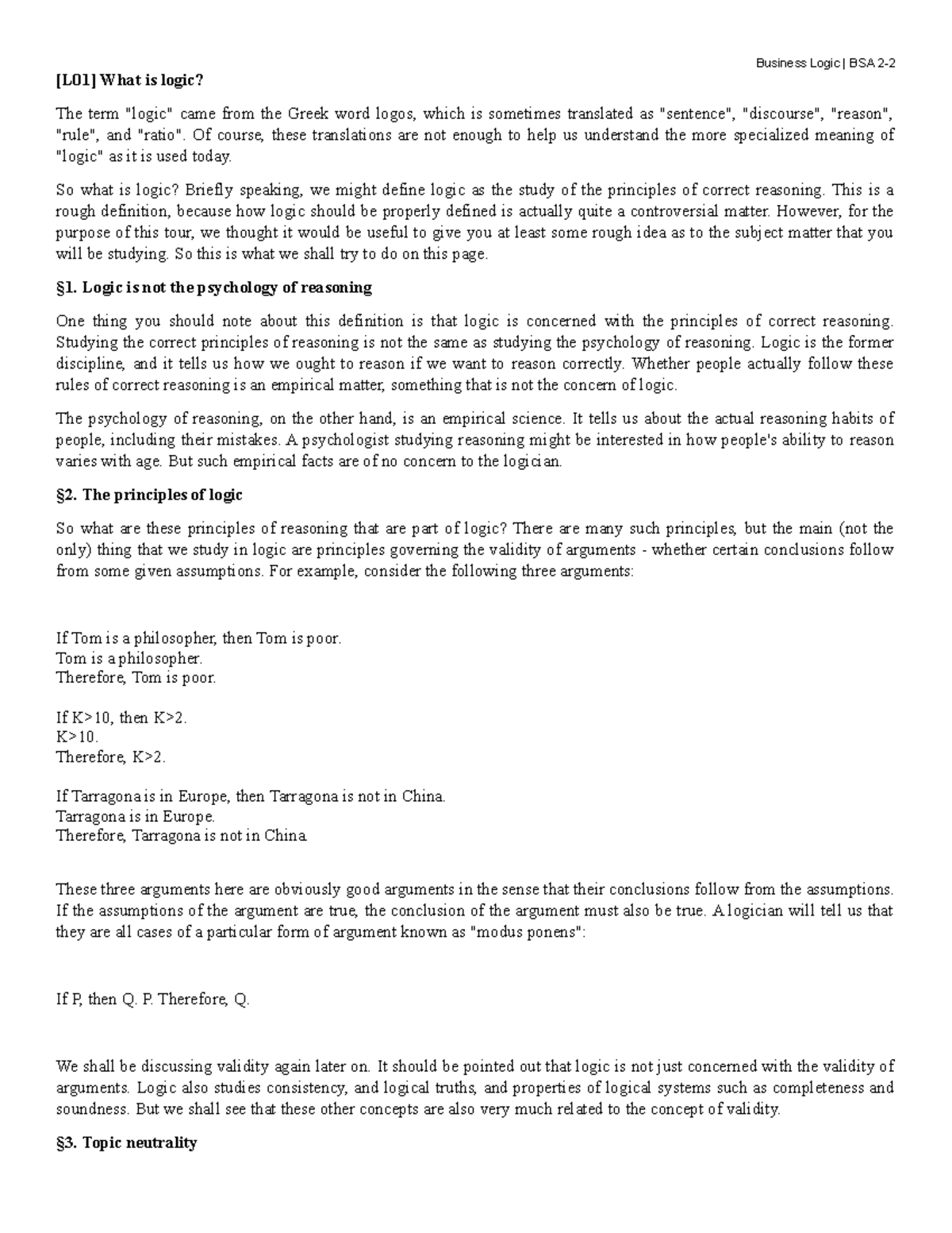 Business Logic Readings Business Logic BSA 2 L01 What Is Logic