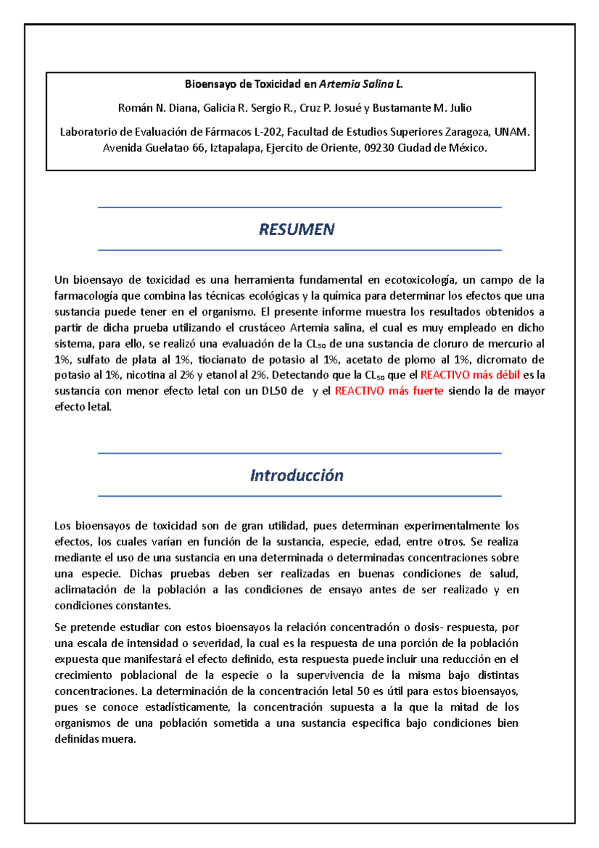 Informe Bioensayo Artemias 1 - RESUMEN Un bioensayo de toxicidad es una ...