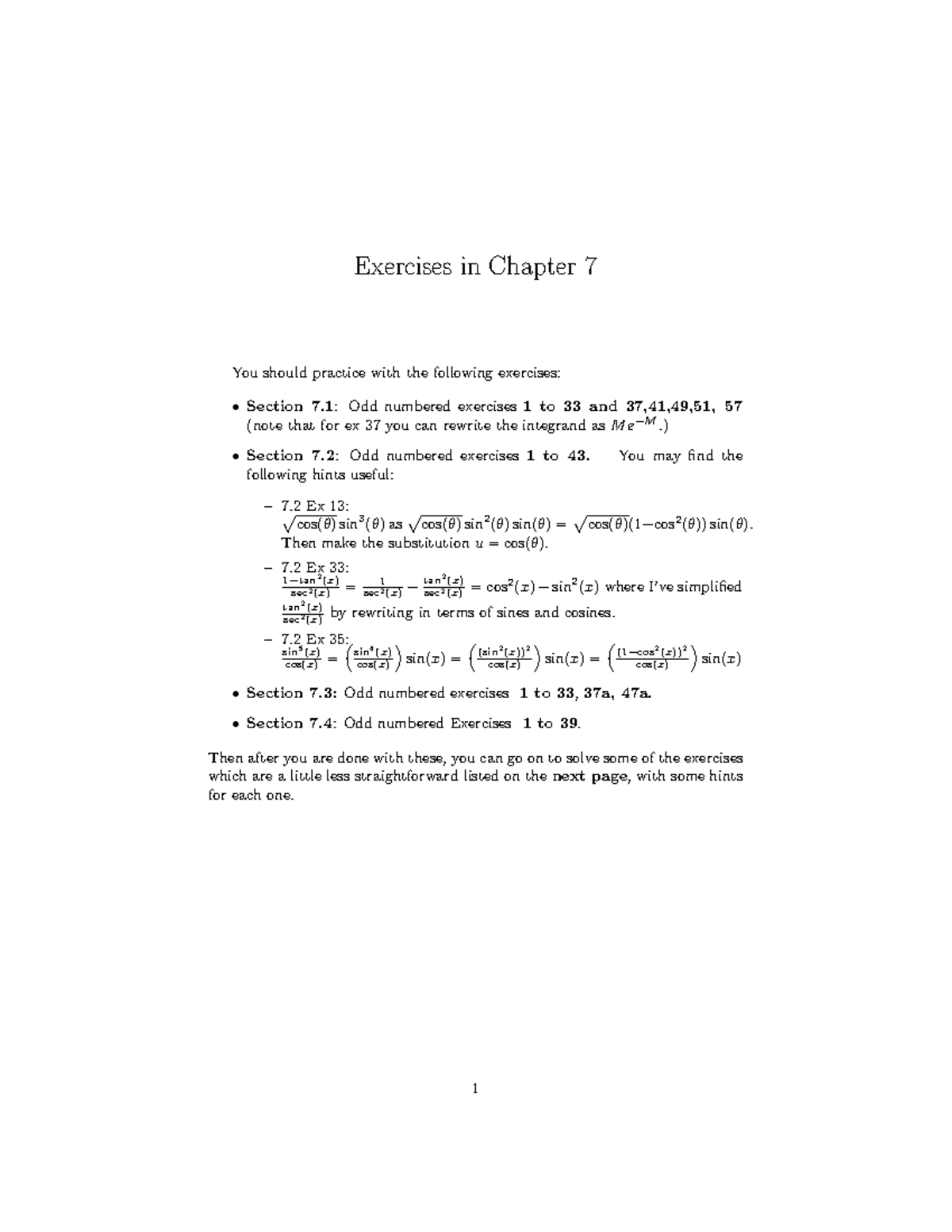 Chapter 7 exercises - problem list for notebooks - Exercises in Chapter 7 You should practice ...