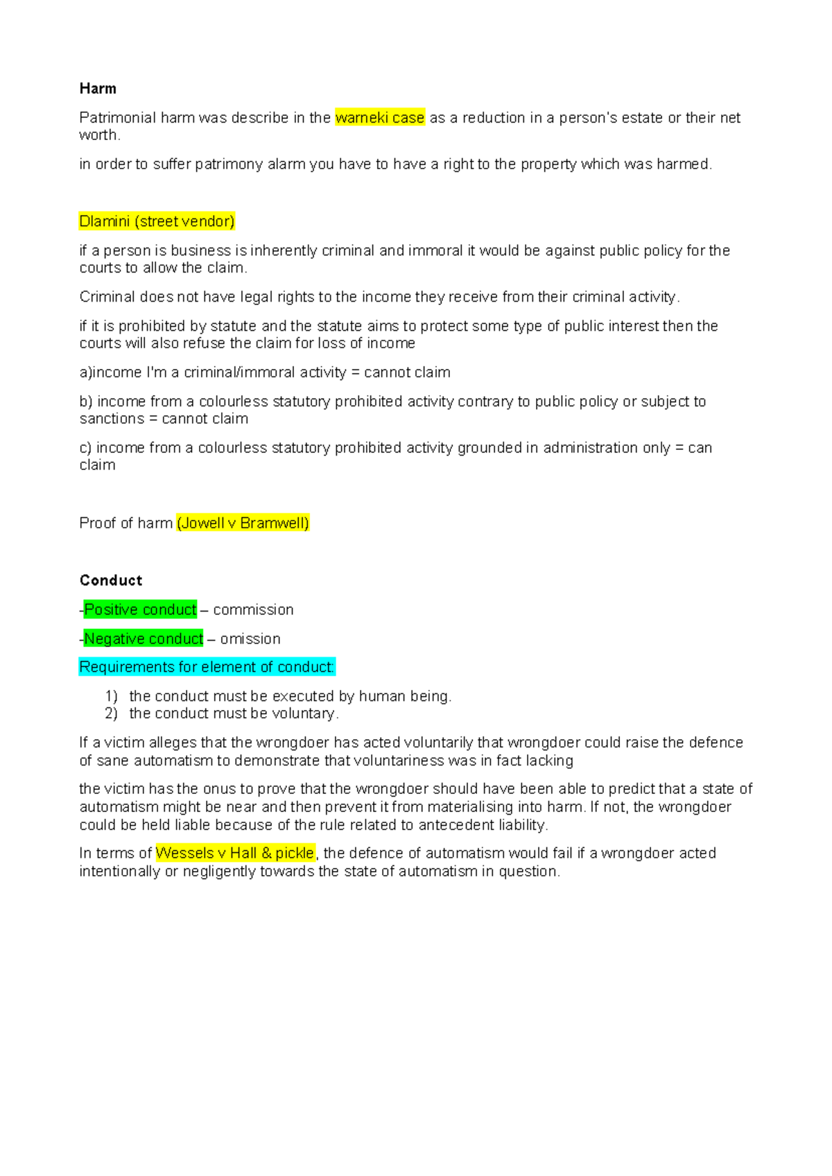 Harm + Conduct - Summary law of delict - Harm Patrimonial harm was ...