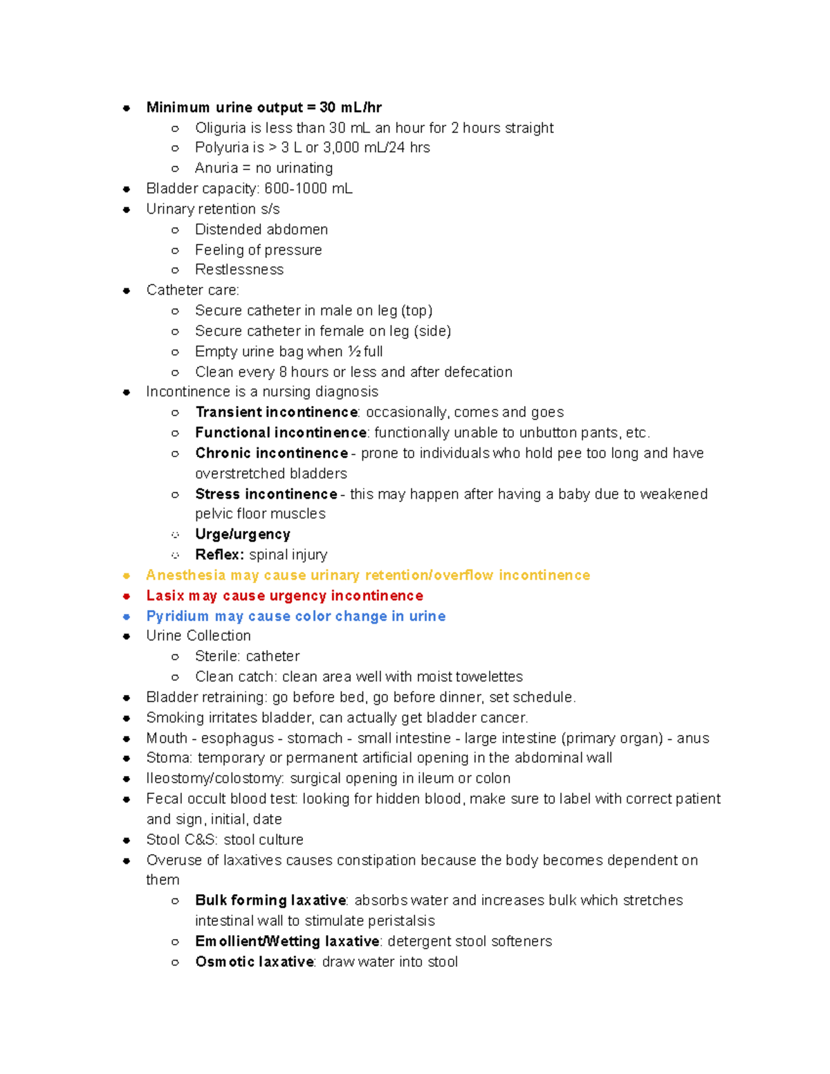 Foundations - Elimination Study Guide - Minimum urine output = 30 mL/hr ...