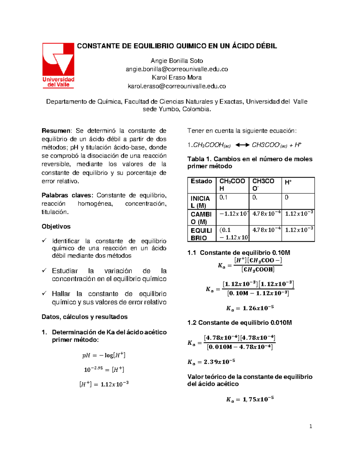 Laboratorio de equilibrio 4 - Warning: TT: undefined function: 32 CONSTANTE DE EQUILIBRIO ...