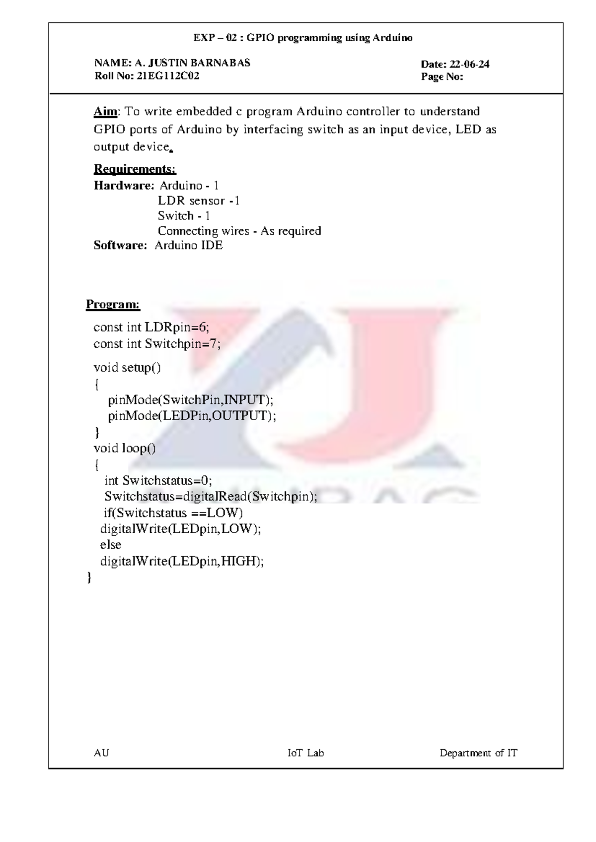 IOT WEEK 2 - Justin - iot - Exp - 02: GPIO PROGRAMMING USING ARDUINO Name: V Roll No.: 21EG112A ...