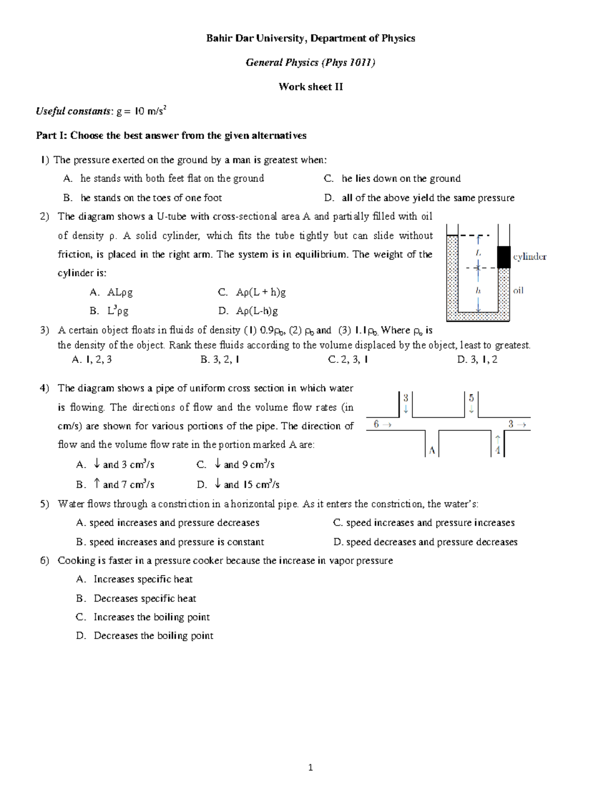 Phys 1011 Worksheet II and Assignment II 2016 E.C - Bahir Dar ...