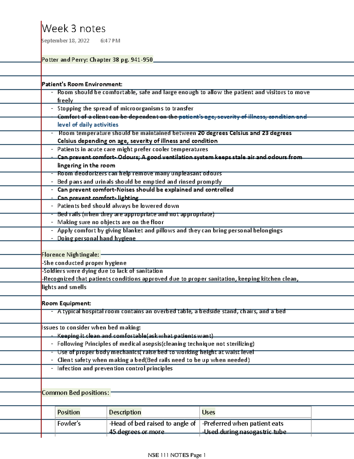 Week 3 notes nse111 - Potter and Perry: Chapter 38 pg. 941- 950 Patient ...