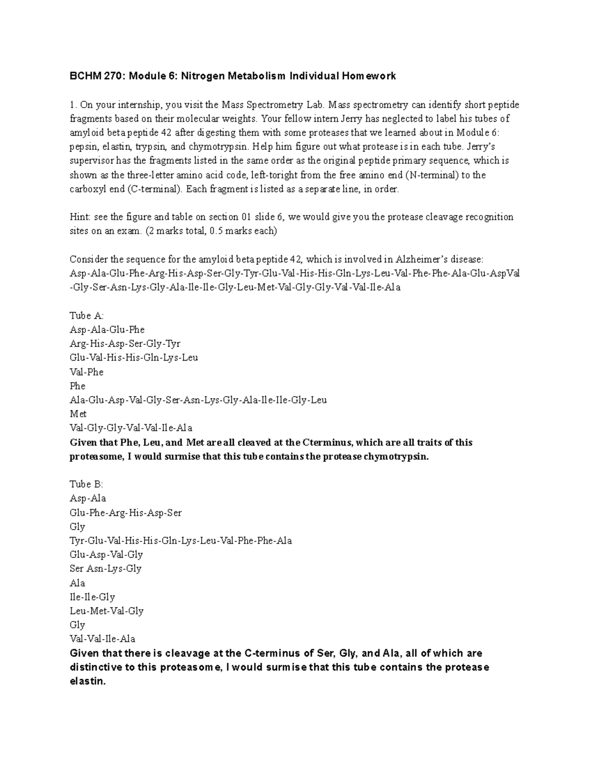 BCHM 270 Module 6 Nitrogen Metabolism Individual Homework - BCHM 270 ...