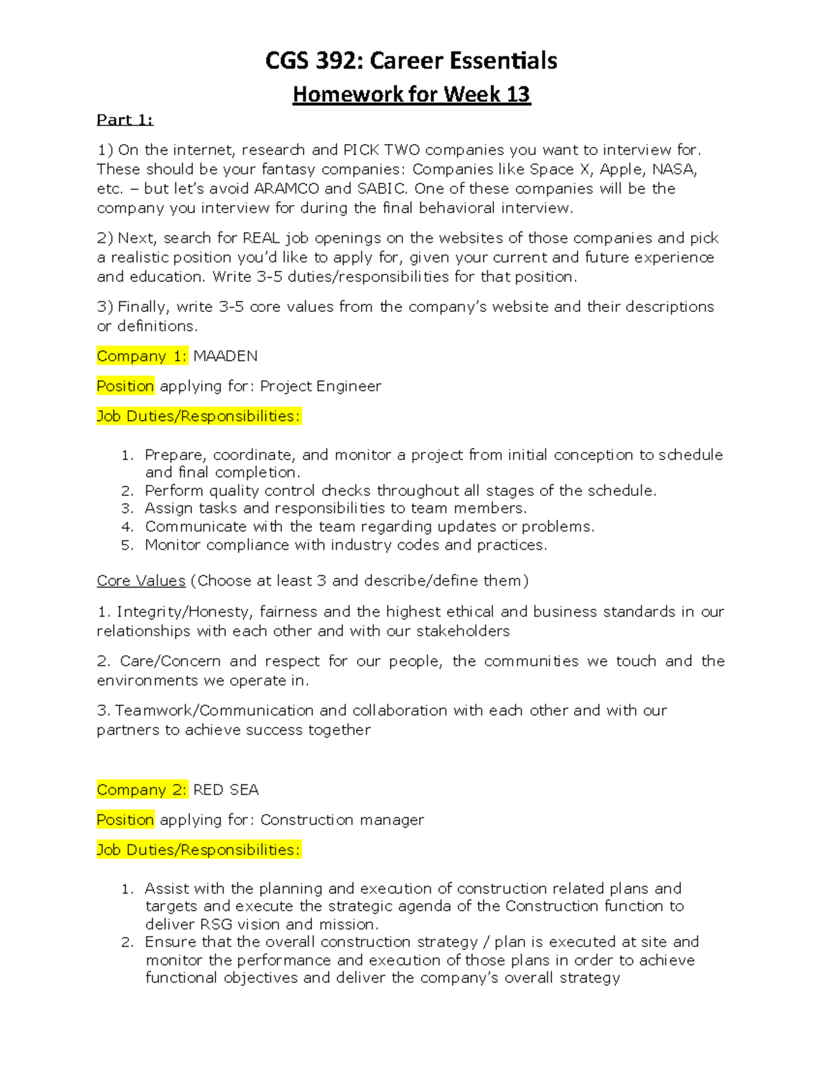 GCS 392 12 Homework for Week 13 - CGS 392: Career Essentials Homework ...