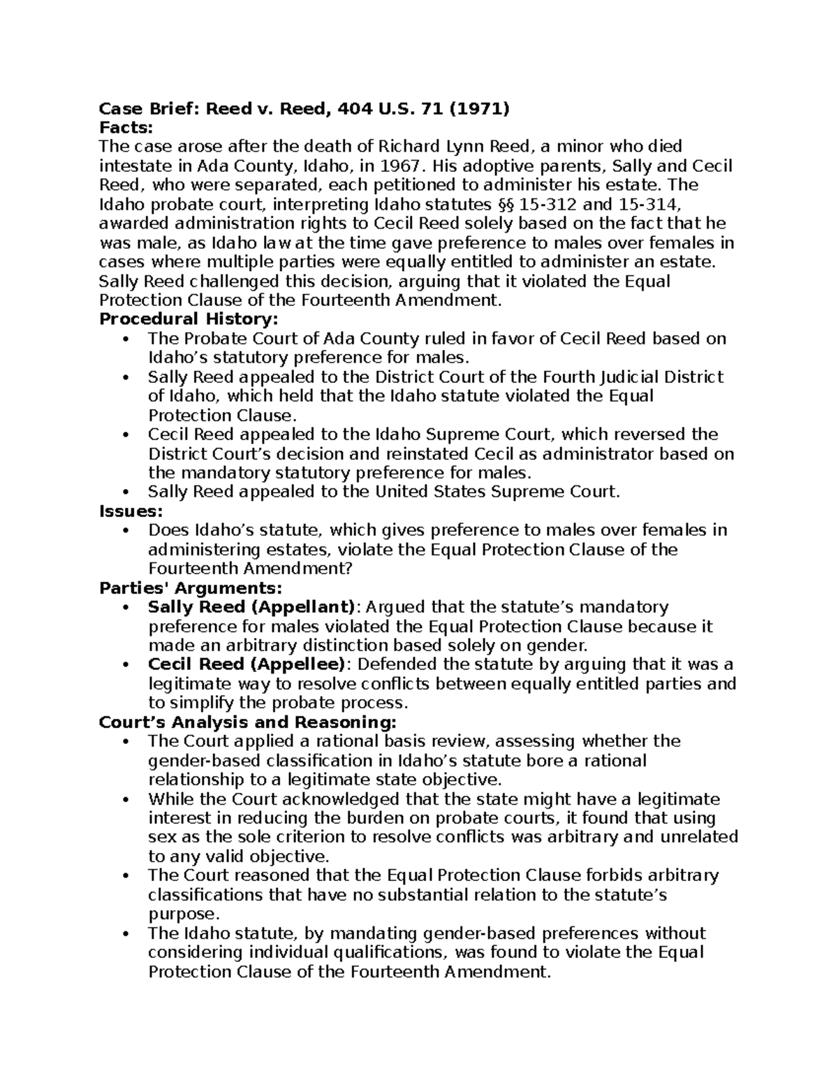 Reed v Reed - Case Brief - Case Brief: Reed v. Reed, 404 U. 71 (1971 ...