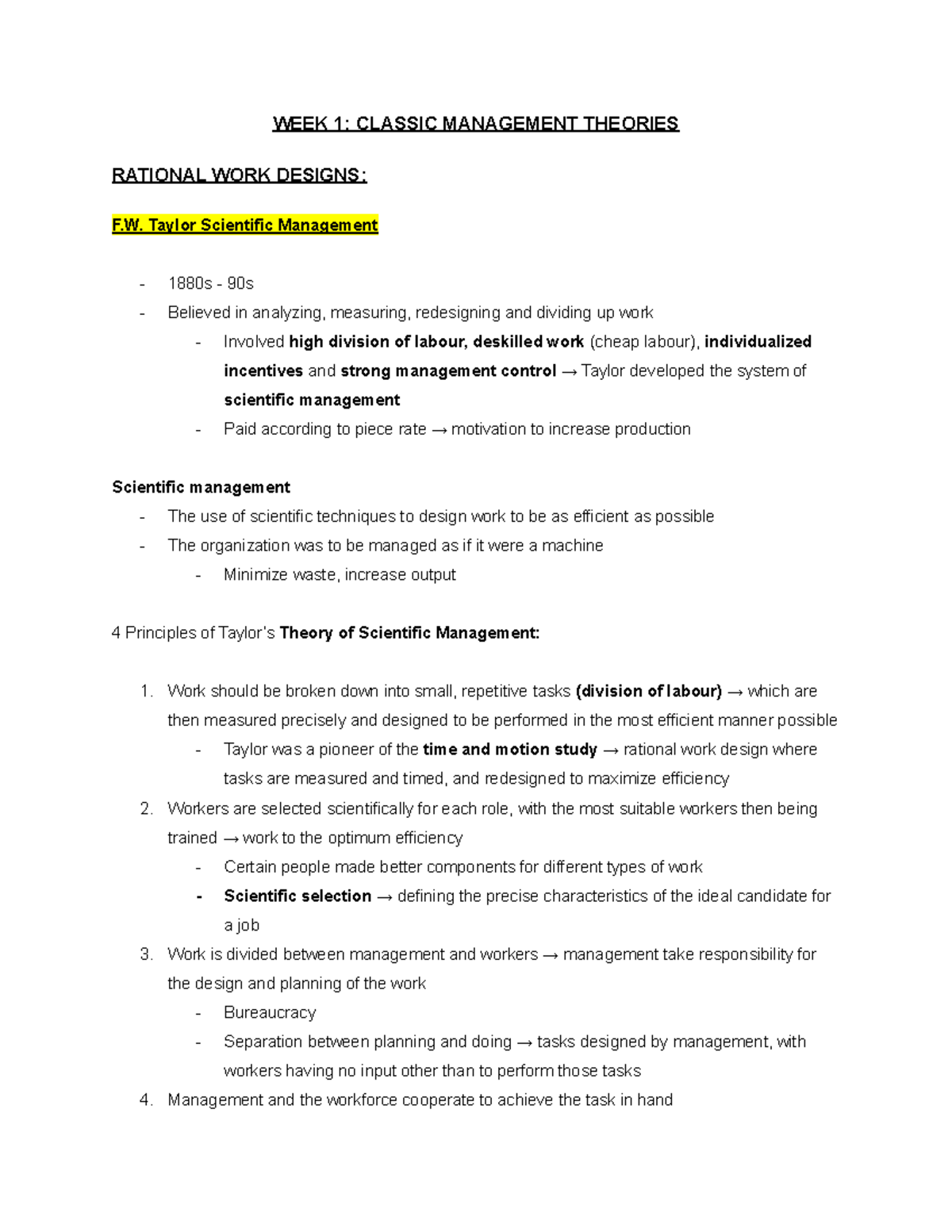 Management, Organisation & Society - WEEK 1: CLASSIC MANAGEMENT ...