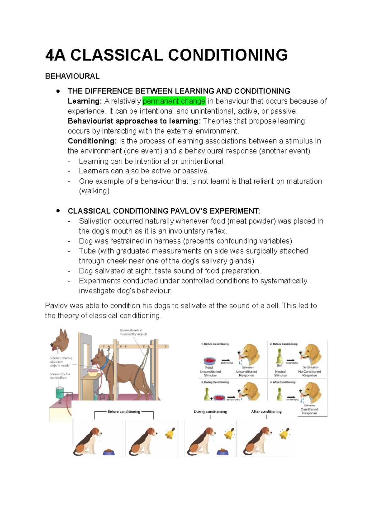 Chapter 4 FULL NOTES, Y12 VCE Psychology - 4A CLASSICAL CONDITIONING ...