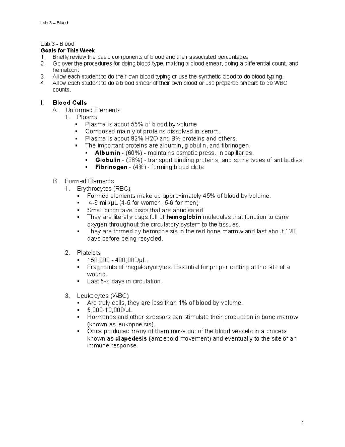 Lab 03 - Blood notes - Summary human anatomy and physiology - Lab 3 ...