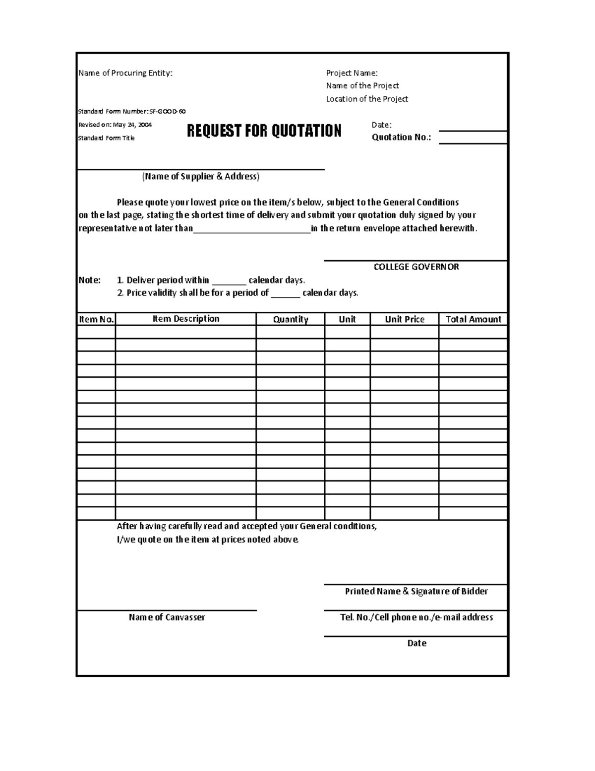 Canvass-FORM - hfhffjfn - Name of Procuring Entity: Project Name: Name ...